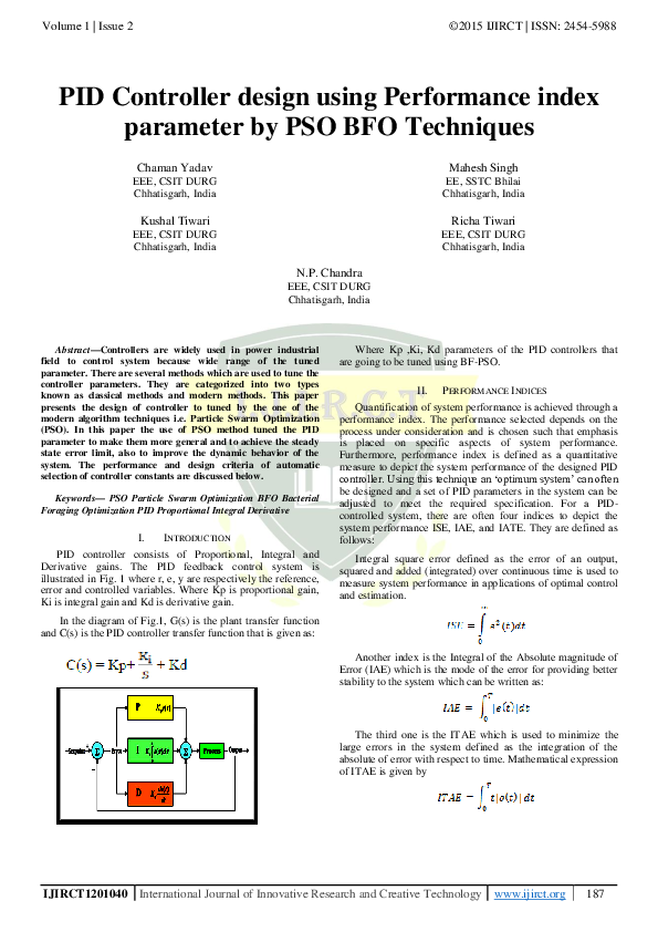 (PDF) PID Controller design using Performance index parameter by PSO BFO Techniques