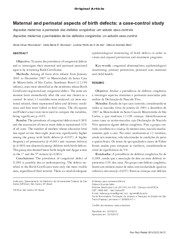 (PDF) Maternal and perinatal aspects of birth defects: a case-control study