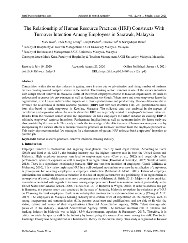 (PDF) The Relationship of Human Resource Practices (HRP) Constructs With Turnover Intention ...