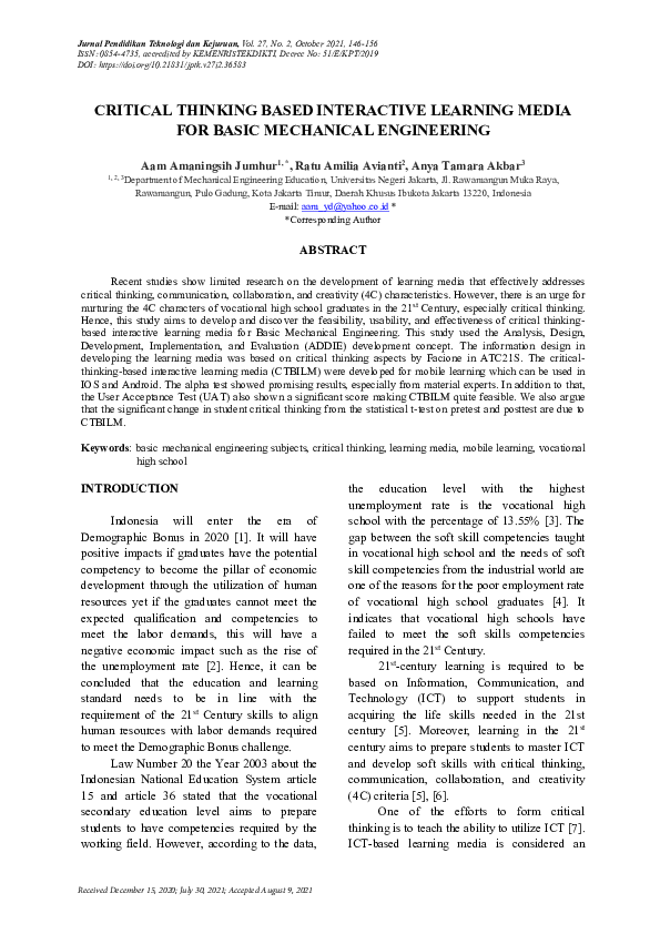 (PDF) Critical Thinking Based Interactive Learning Media for Basic Mechanical Engineering
