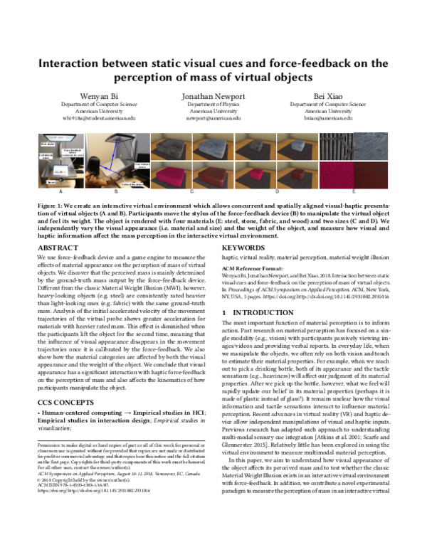 (PDF) Interaction between static visual cues and force-feedback on the perception of mass of ...