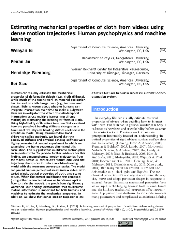 (PDF) Estimating mechanical properties of cloth from videos using dense ...