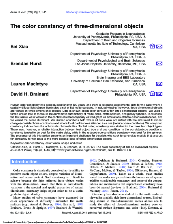 (PDF) The color constancy of three-dimensional objects | Bei Xiao - Academia.edu