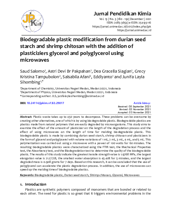 (PDF) Biodegradable plastic modification from durian seed starch and ...