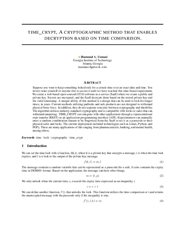 Pdf Timecrypt A Cryptographic Method That Enables Decryption Based On Time Comparison