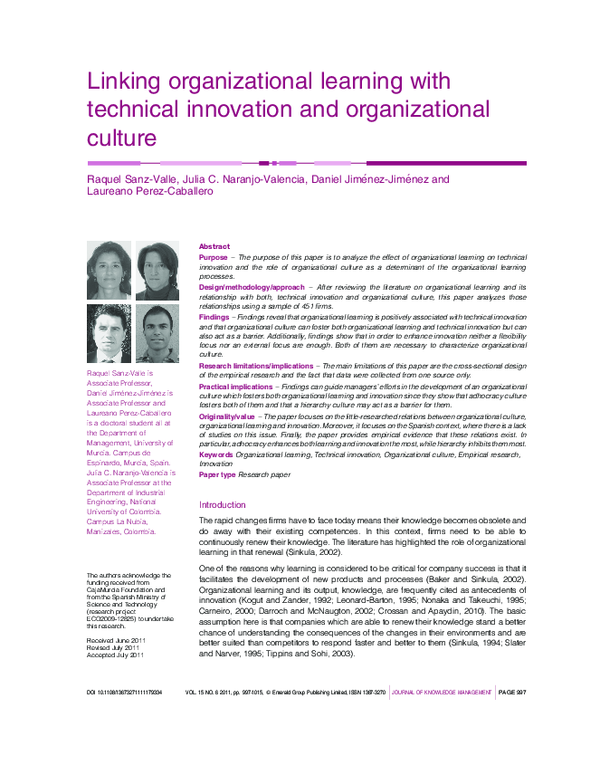 Pdf Linking Organizational Learning With Technical Innovation And Organizational Culture