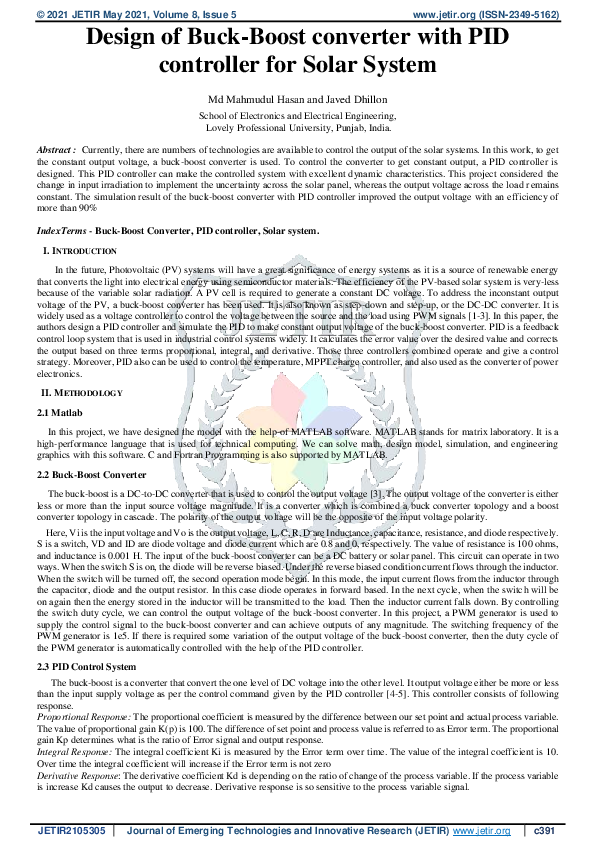 Pdf Design Of Buck Boost Converter With Pid Controller For Solar System