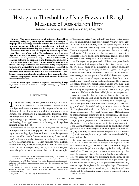 (PDF) Histogram Thresholding Using Fuzzy and Rough Measures of Association Error