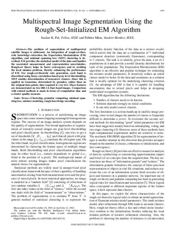 Pdf Multispectral Image Segmentation Using The Rough Set Initialized Em Algorithm