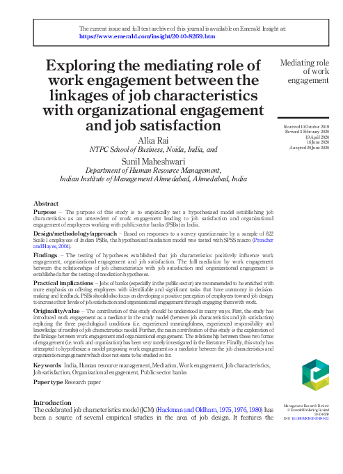 (PDF) Exploring the mediating role of work engagement between the linkages of job ...