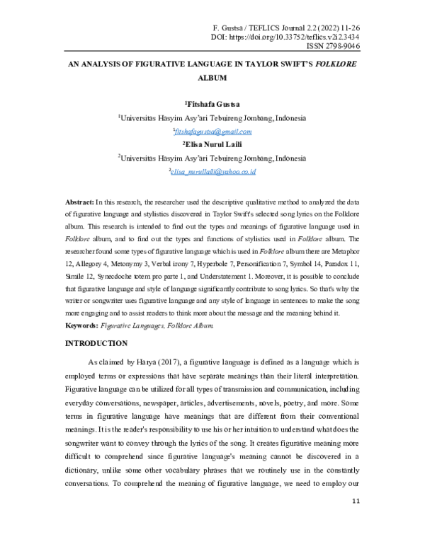(PDF) An Analysis of Figurative Language in Taylor Swift’s Folklore Album
