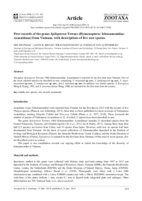 (PDF) First records of the genus Spilopteron Townes (Hymenoptera ...