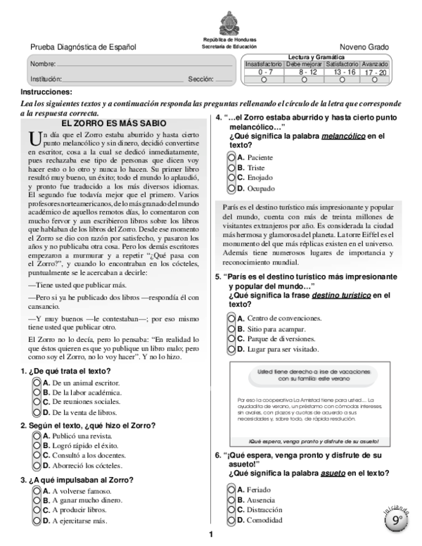 (PDF) Prueba Diagnostica 9o Espanol 2011