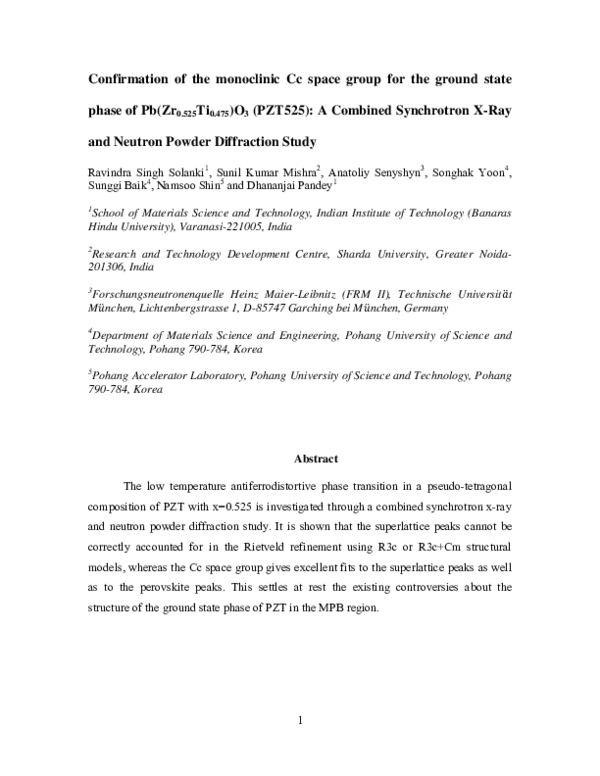 (PDF) Confirmation of the monoclinic Cc space group for the ground ...
