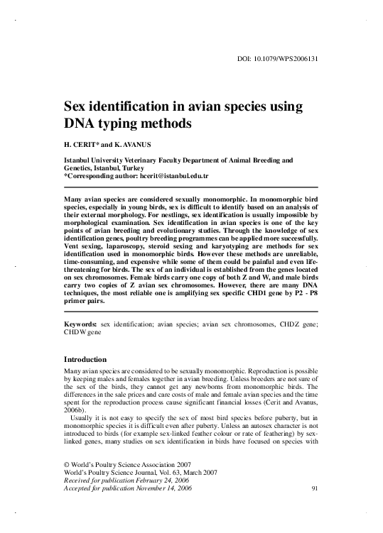 Sex Identification In Avian Species Using Dna Typing Methods