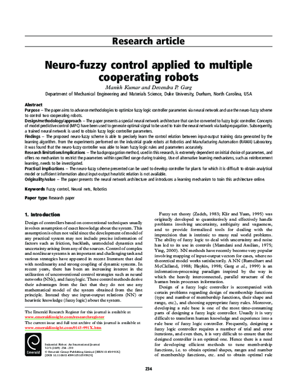 (PDF) Neuro‐fuzzy control applied to multiple cooperating robots | Manish Kumar - Academia.edu