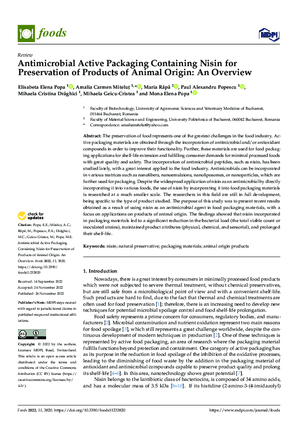 (PDF) Antimicrobial Active Packaging Containing Nisin for Preservation of Products of Animal ...
