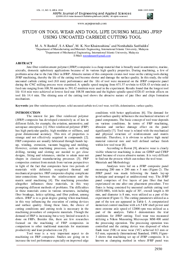 (PDF) Study on tool wear and tool life during milling JFRP using ...