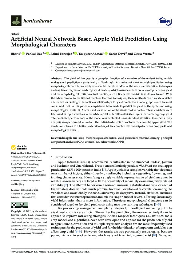 (PDF) Artificial Neural Network Based Apple Yield Prediction Using Morphological Characters