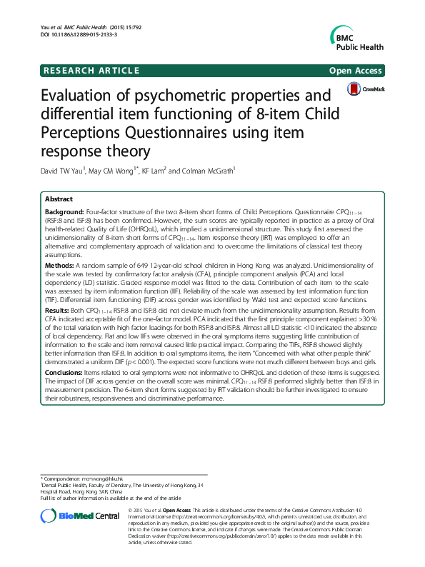 (PDF) Evaluation of psychometric properties and differential item ...