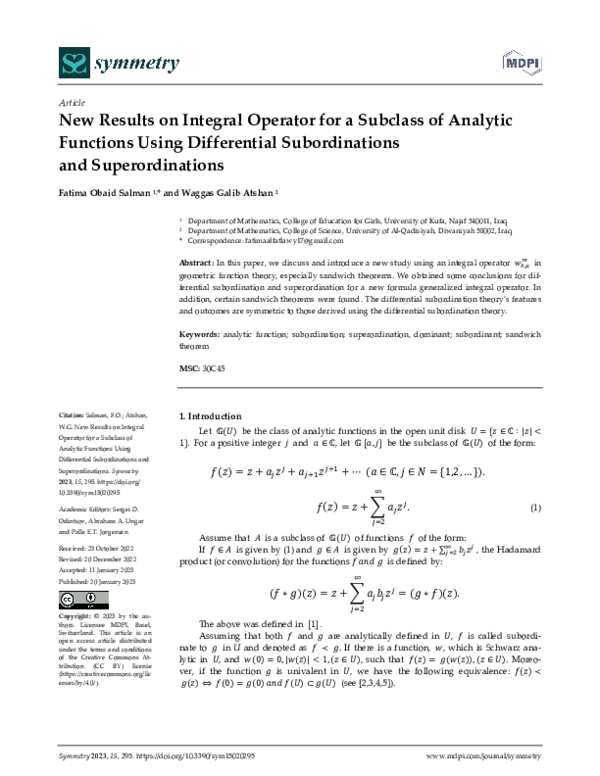 Pdf New Results On Integral Operator For A Subclass Of Analytic Functions Using Differential