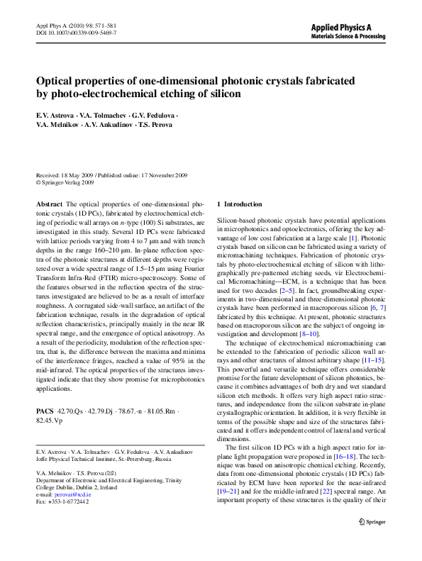 (PDF) Optical properties of one-dimensional photonic crystals fabricated by photo ...
