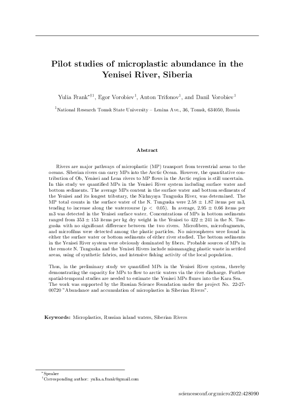 (PDF) Pilot studies of microplastic abundance in the Yenisei River, Siberia