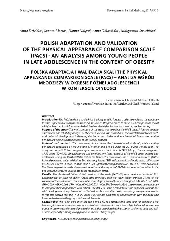 (PDF) Polish Adaptation and Validation of The Physical Appearance Comparison Scale (PACS) - an ...
