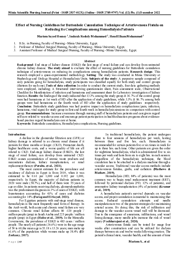 (PDF) Effect of Nursing Guidelines for Buttonhole Cannulation Technique ...