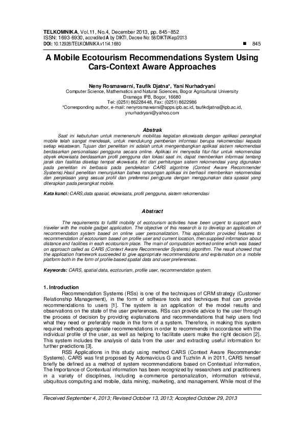 (PDF) A Mobile Ecotourism Recommendations System Using Cars-Context Aware Approaches
