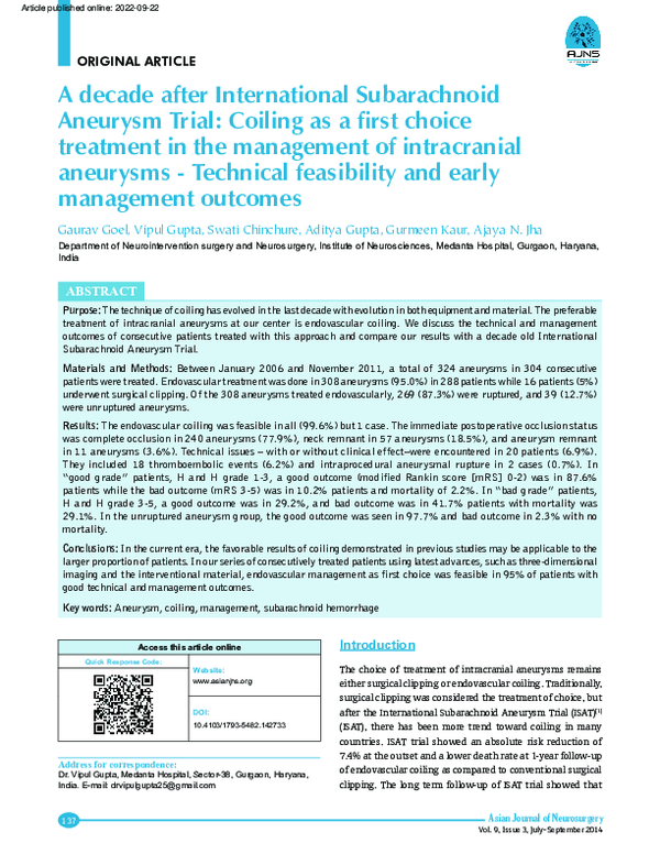 (PDF) A decade after International Subarachnoid Aneurysm Trial: Coiling ...