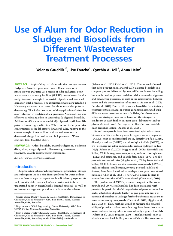 (PDF) Use of Alum for Odor Reduction in Sludge and Biosolids from ...