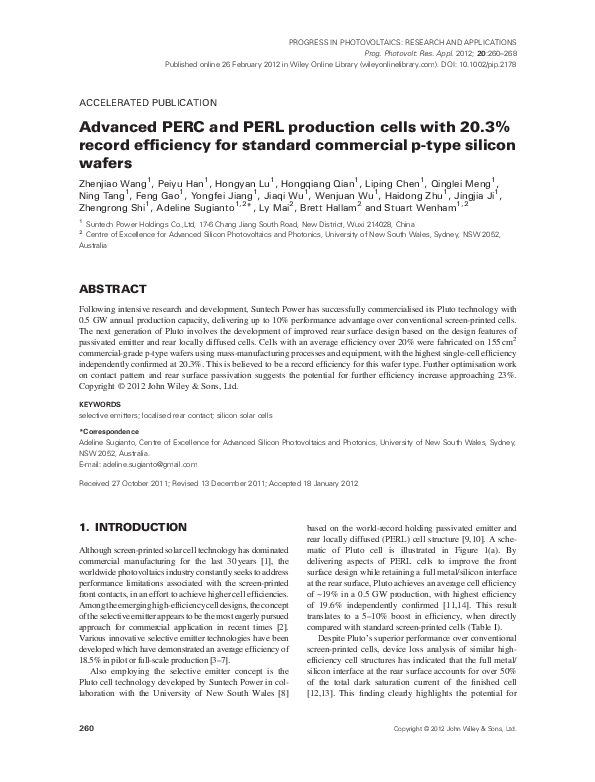 (PDF) Advanced PERC and PERL production cells with 20.3% record efficiency for standard ...
