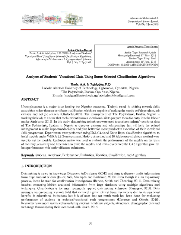 (PDF) Analyses of Students’ Vocational Data Using Some Selected Classification Algorithms