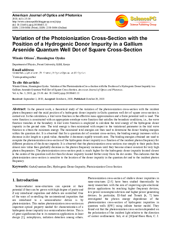 (PDF) Photoionization Cross-Section in GaAs Quantum Dots