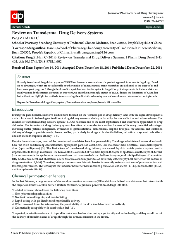 (PDF) Review on Transdermal Drug Delivery Systems