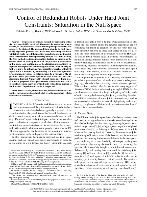 (PDF) Control of Redundant Robots Under Hard Joint Constraints: Saturation in the Null Space