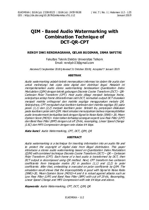 (PDF) QIM - Based Audio Watermarking with Combination Technique of DCT-QR-CPT | Irma Safitri ...