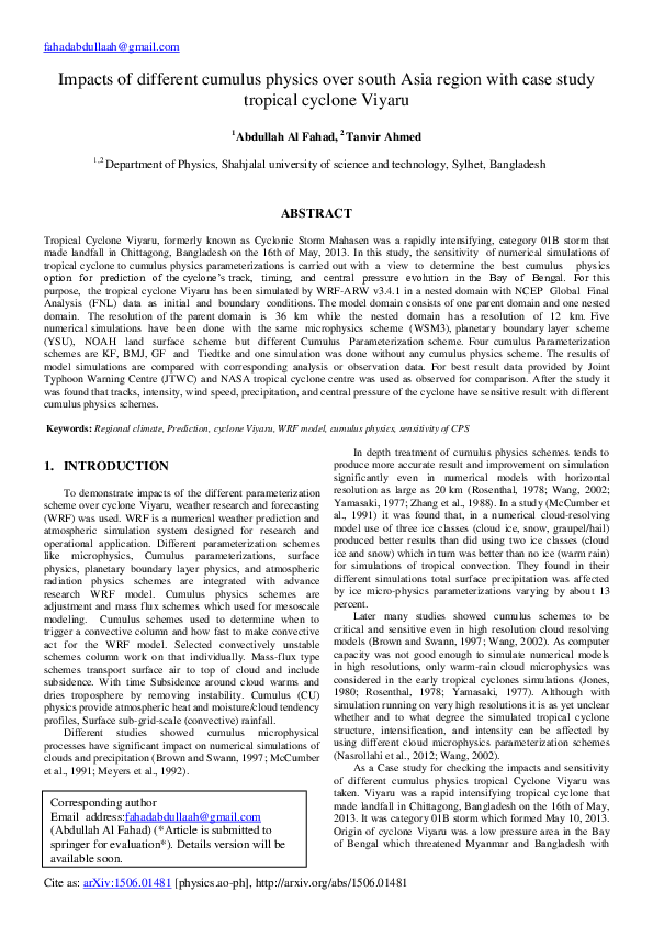 (PDF) Impacts of different cumulus physics over south Asia region with ...
