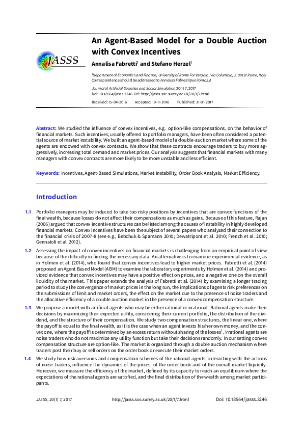 (PDF) An Agent Based Model for a Double Auction with Convex Incentives