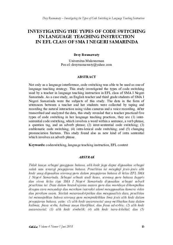 (PDF) Investigating the Types of Code Switching in Language Teaching Instruction in Efl Class of ...
