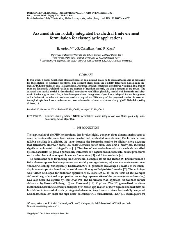 (PDF) Assumed strain nodally integrated hexahedral finite element formulation for elastoplastic ...