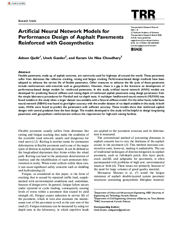 (PDF) Artificial Neural Network Models for Performance Design of Asphalt Pavements Reinforced ...