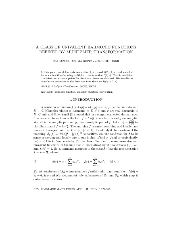 (PDF) A class of univalent harmonic functions defined by multiplier transformation