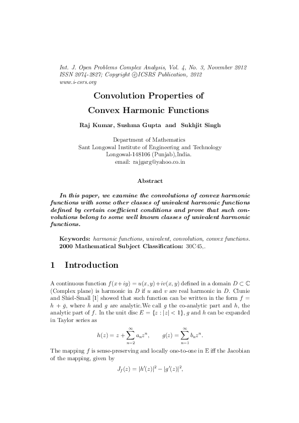 (PDF) Convolution Properties of Convex Harmonic Functions