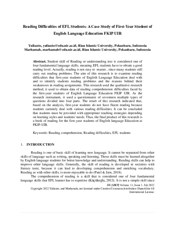 (PDF) Reading Difficulties of EFL Students: A Case Study of First-Year ...
