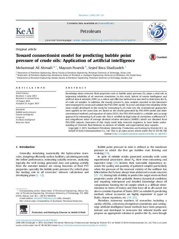 (PDF) Toward connectionist model for predicting bubble point pressure of crude oils: Application ...