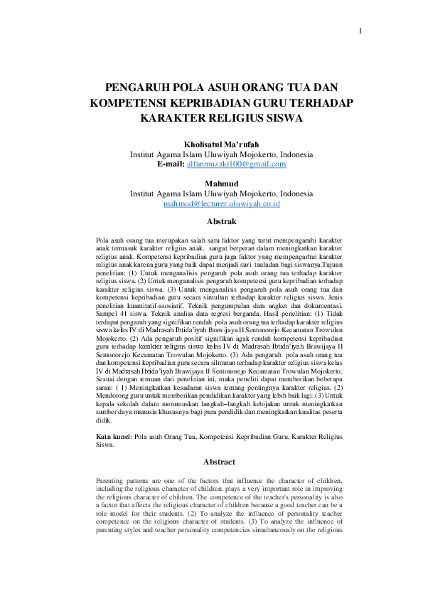 (PDF) PENGARUH POLA ASUH ORANG TUA DAN KOMPETENSI KEPRIBADIAN GURU TERHADAP KARAKTER RELIGIUS SISWA
