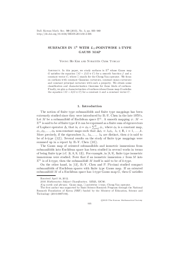 (PDF) SURFACES IN $\mathbb{E}^3$ WITH L1-POINTWISE 1-TYPE GAUSS MAP