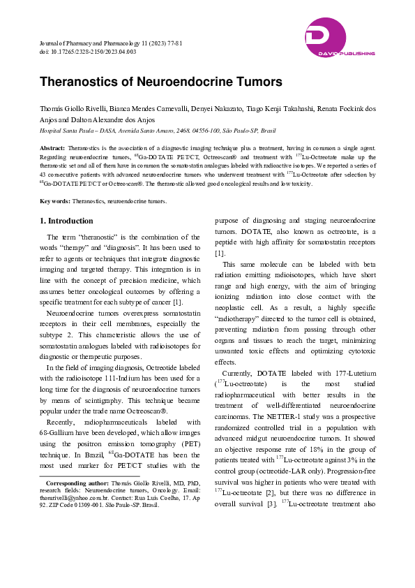 (PDF) Theranostics of Neuroendocrine Tumors